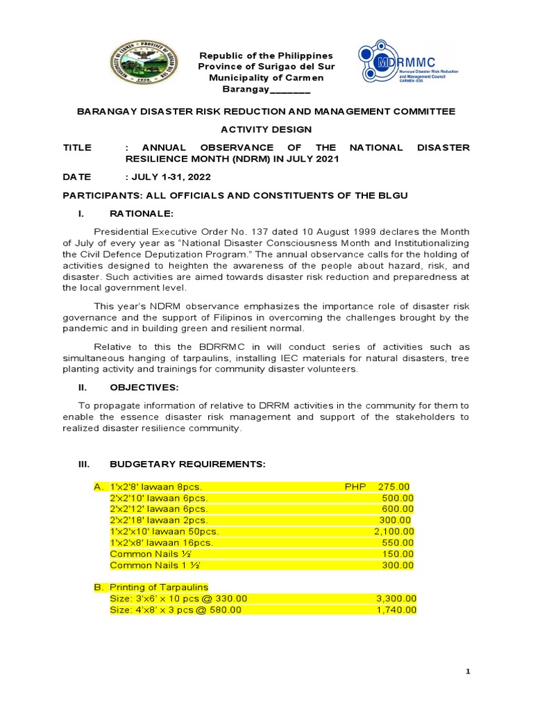 ACTIVITY DESIGN ON DISASTER MONTH | PDF | Emergency Management | Economies