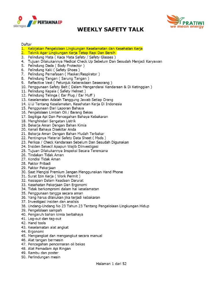 Materi Safety Talk | PDF