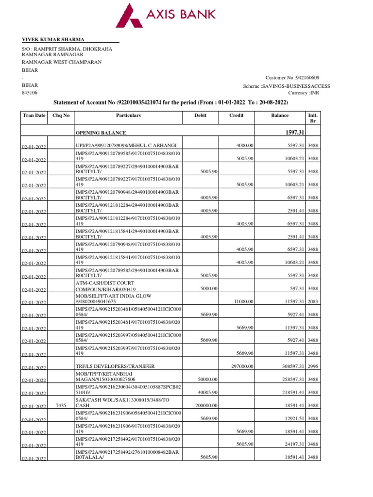 Axis Bank Statement | PDF | Debit Card | Online Banking