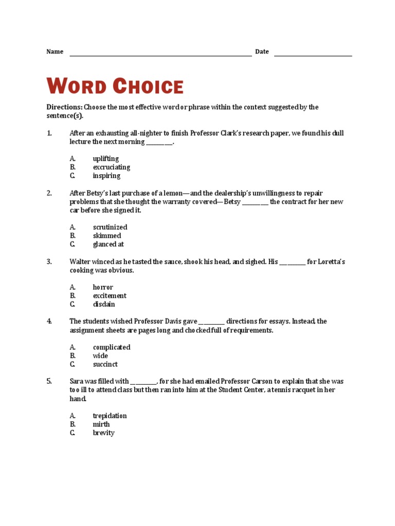 ORD Hoice: Directions: Choose The Most Effective Word or Phrase Within ...