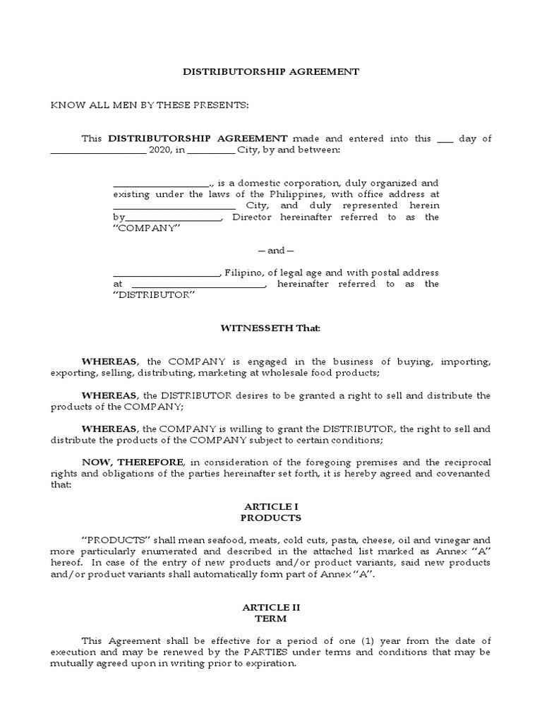 Sample Distributorship Agreement | PDF