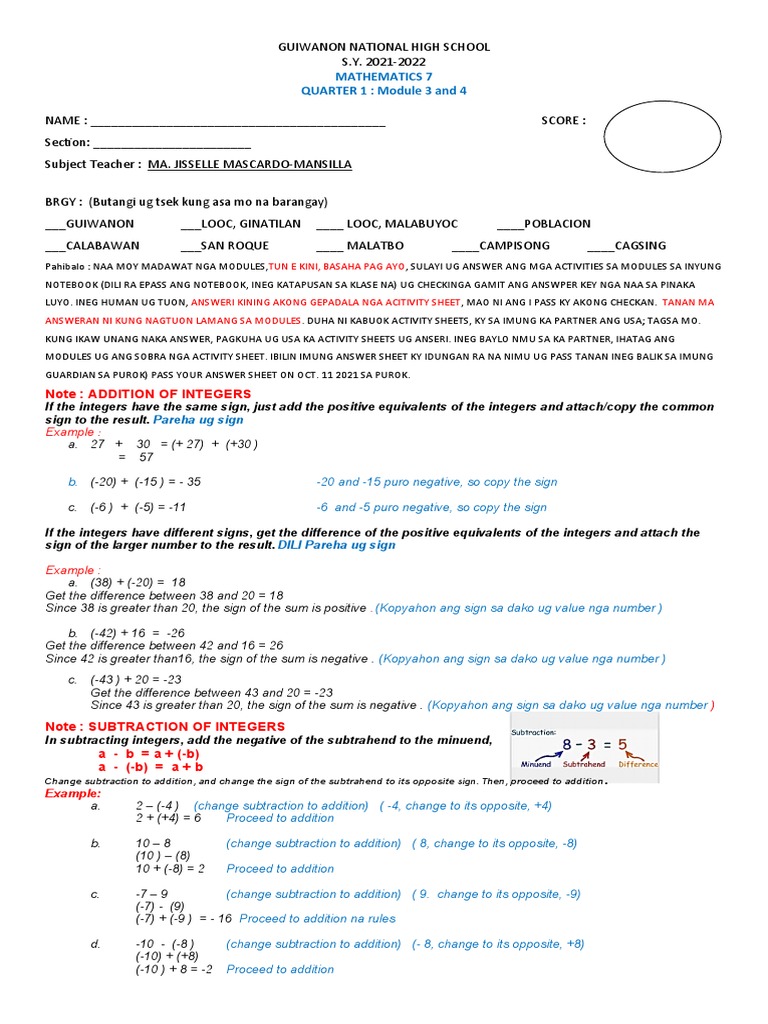 Math 7 Modules: Integers & Operations | PDF | Subtraction | Numbers