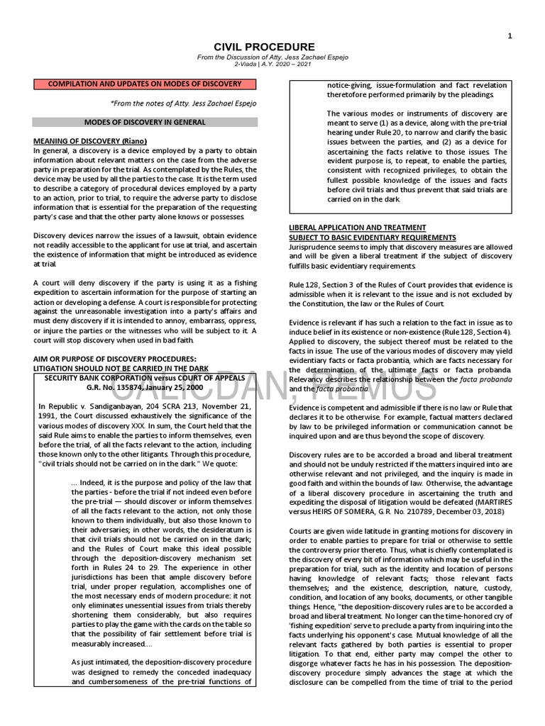 Civ Pro 3rd Exam TSN | PDF | Deposition (Law) | Discovery (Law)