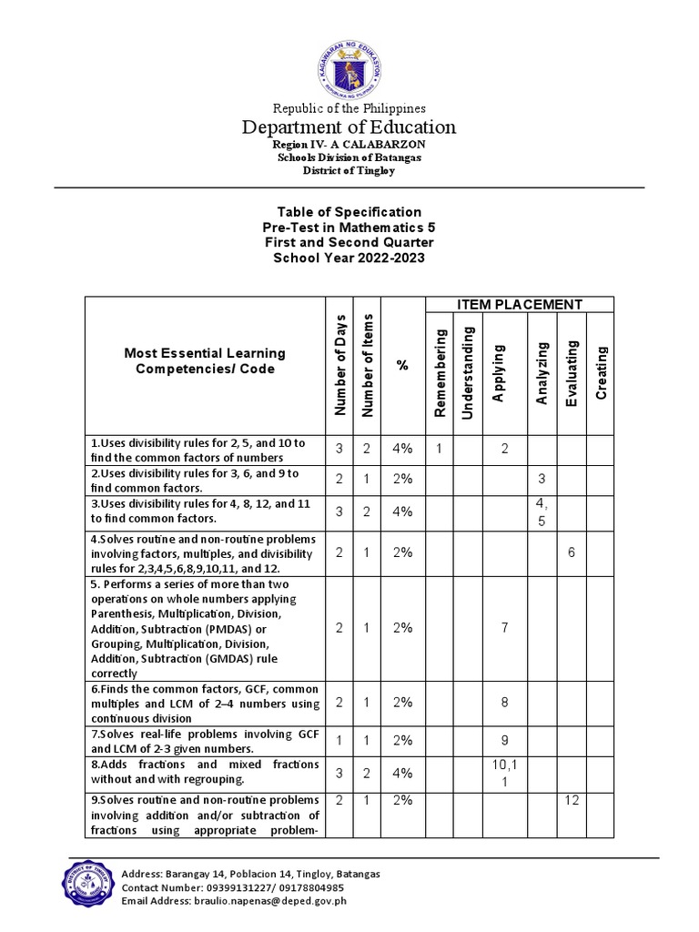 Grade 5 Pre-Test in Mathematics | PDF | Ratio | Mathematics