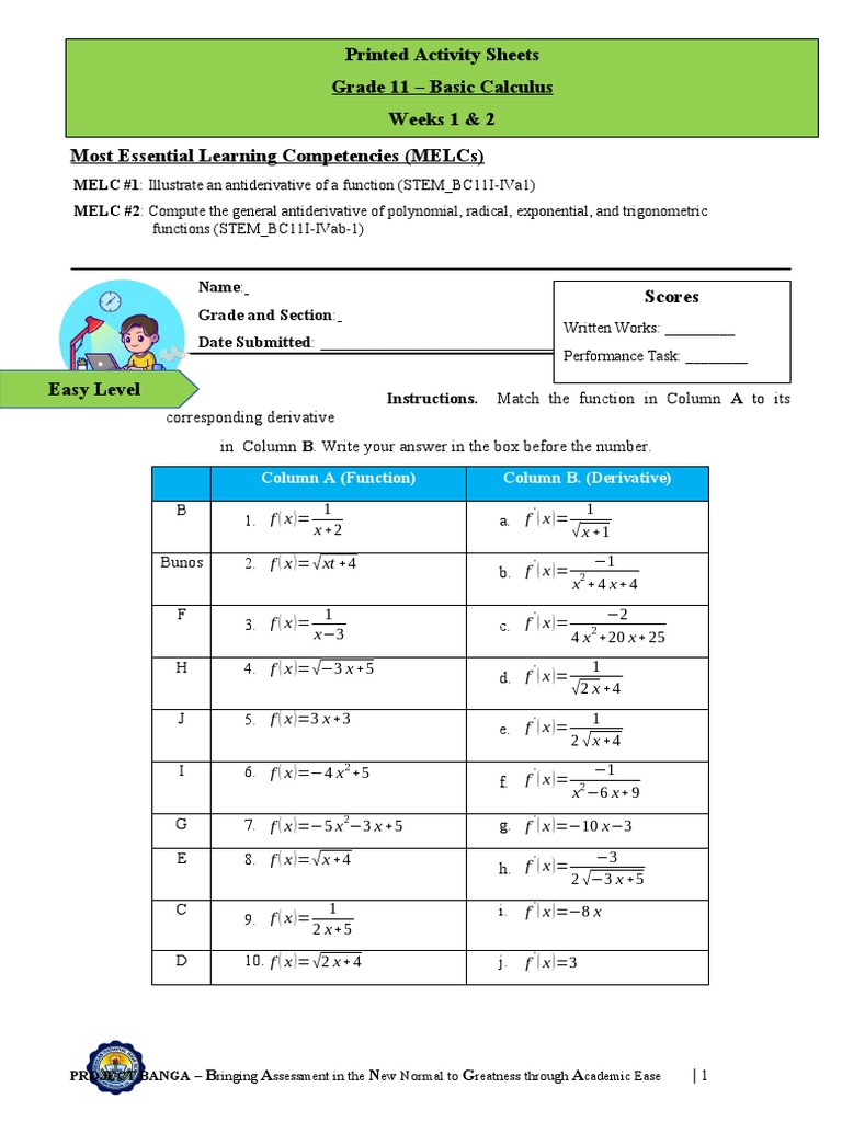 Printed Activity Sheets Grade 11 - Basic Calculus Weeks 1 & 2 | PDF ...