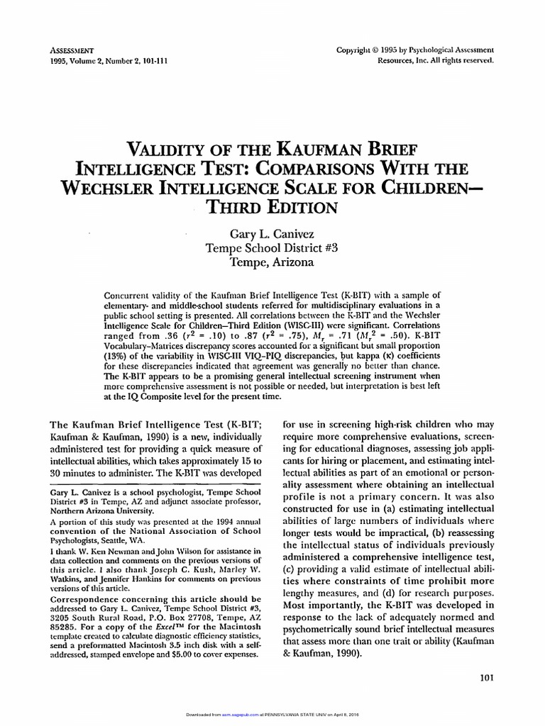 Brief Test: Wechsler Intelligence Edition: Kaufman | Download Free PDF ...