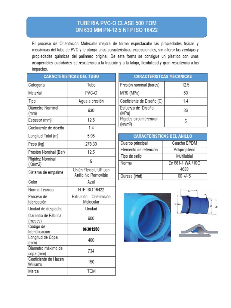 Tuberia PVC-O CLASE 500 TOM DN 630 MM - PN-12.5 NTP ISO 16422 - 12.6 MM ...