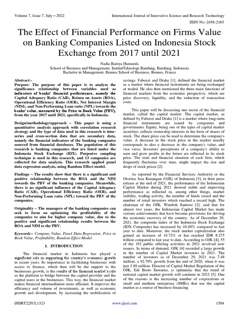 The Effect of Financial Performance On Firms Value On Banking Companies Listed On Indonesia ...