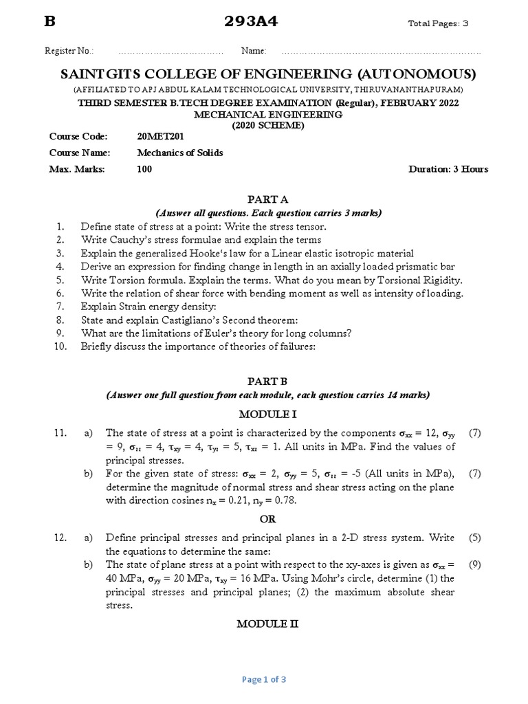 Saintgits College of Engineering (Autonomous) : (Answer All Questions. Each Question Carries 3 ...