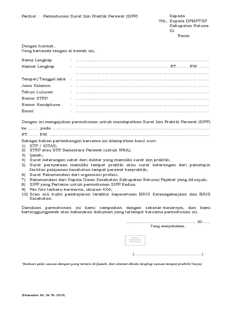 Formulir Permohonan Surat Izin Praktik Perawat (Sipp) | PDF