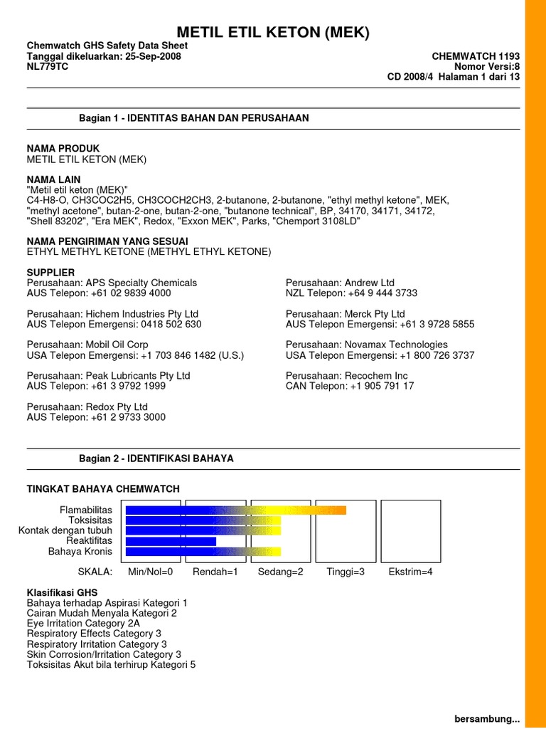 MEK Chemwatch GHS SDS in Indonesian 1193 | PDF