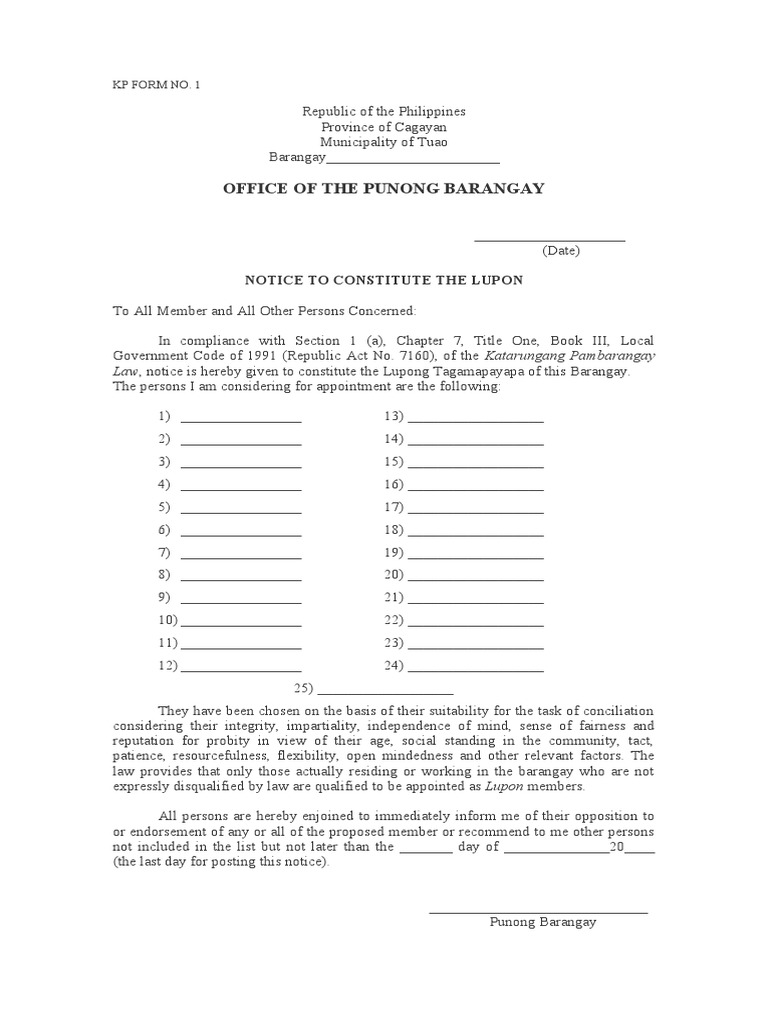 Office of The Punong Barangay: Notice To Constitute The Lupon | PDF ...