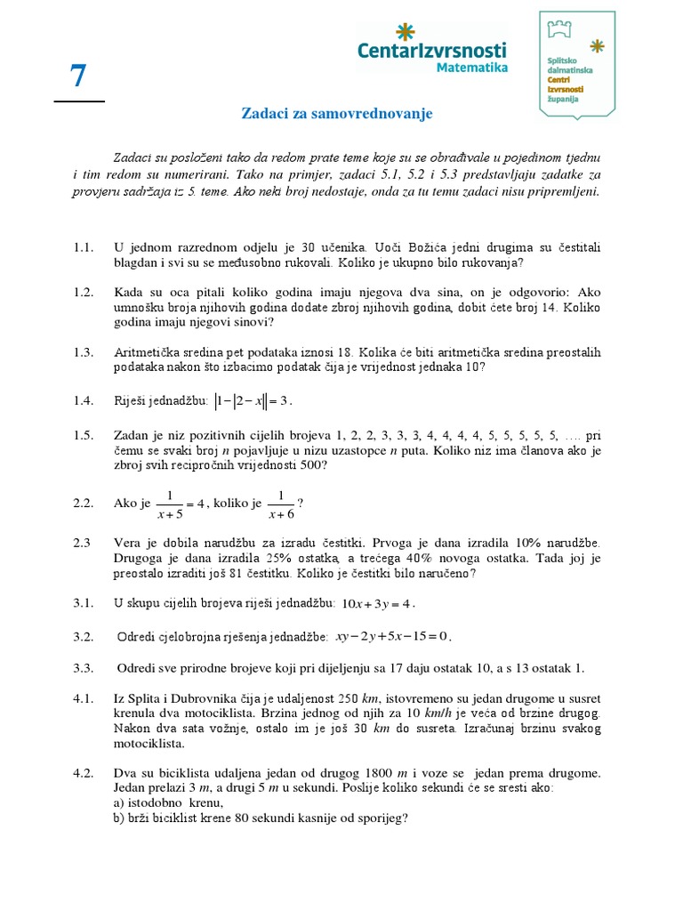 Zadaci Za Samovrednovanje - 7. Razred | PDF