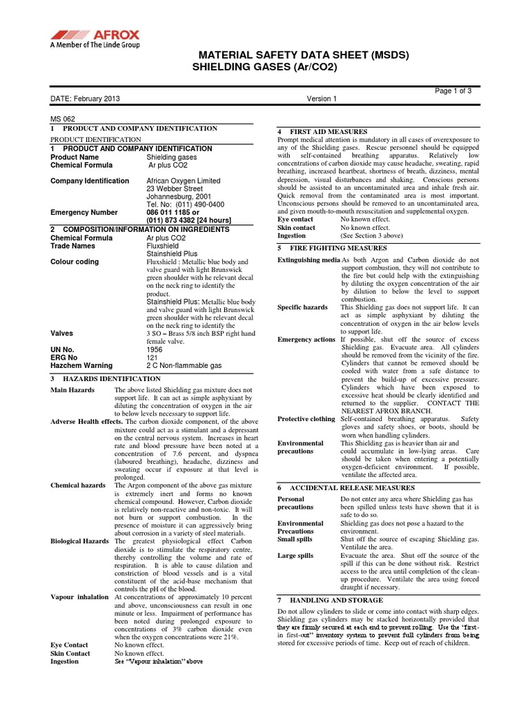 Material Safety Data Sheet (MSDS) Shielding Gases (Ar/Co2) | PDF | Carbon Dioxide | Breathing
