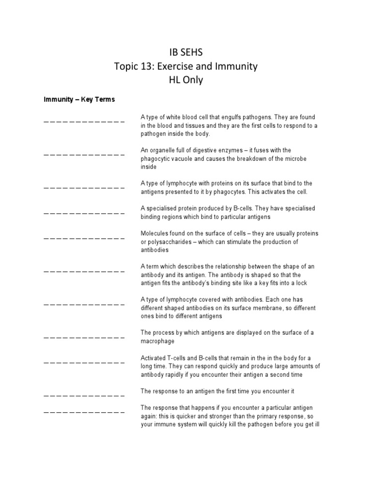 Ib Sehs Topic 13: Exercise and Immunity HL Only | PDF | Antigen | Phagocyte