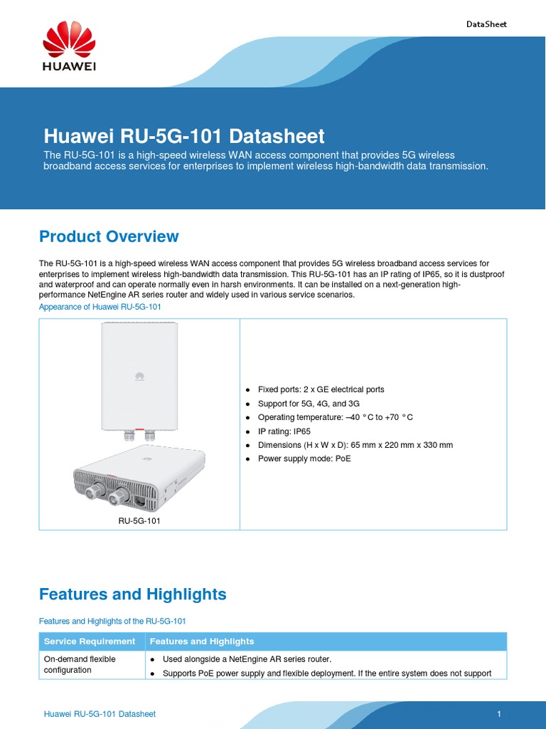 Huawei RU-5G-101 Datasheet | PDF | Router (Computing) | 4 G