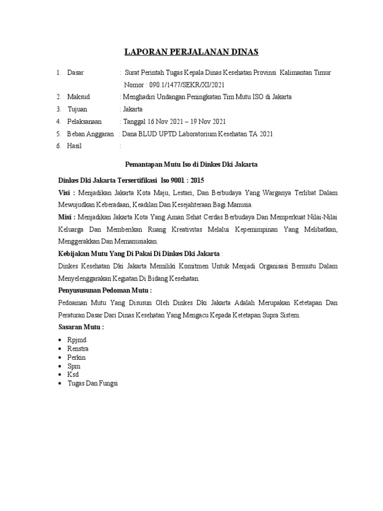 Laporan Perjalanan Dinas Penguatan ISO Jakarta 16 Sampai 19 Nov 2021 | PDF