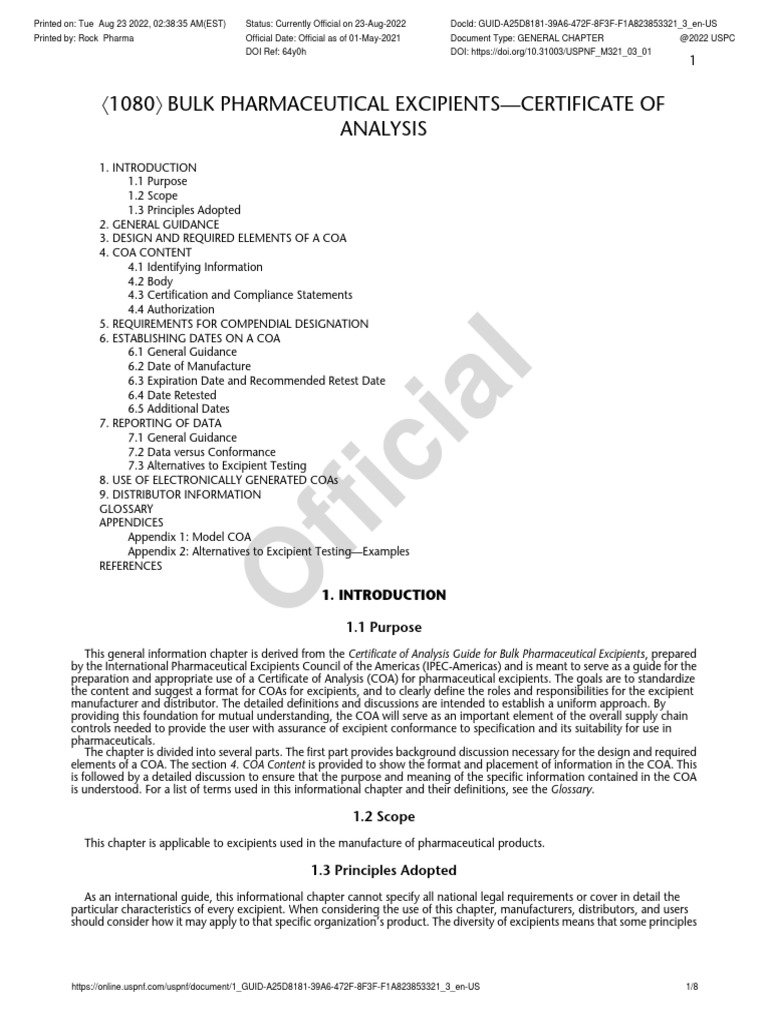 Official: Á1080Ñ Bulk Pharmaceutical Excipients-Certificate of Analysis | Download Free PDF ...