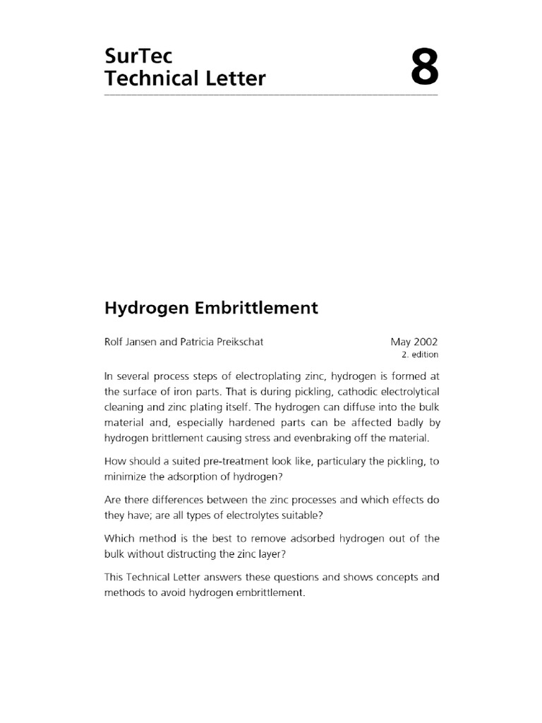 SurTec Technical Letter 8 - Hydrogen Embrittlement | PDF
