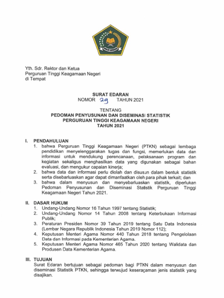 Rektor Dan Ketua PTKN-Pedoman Penyusunan Dan Diseminasi Statistik PTKN ...