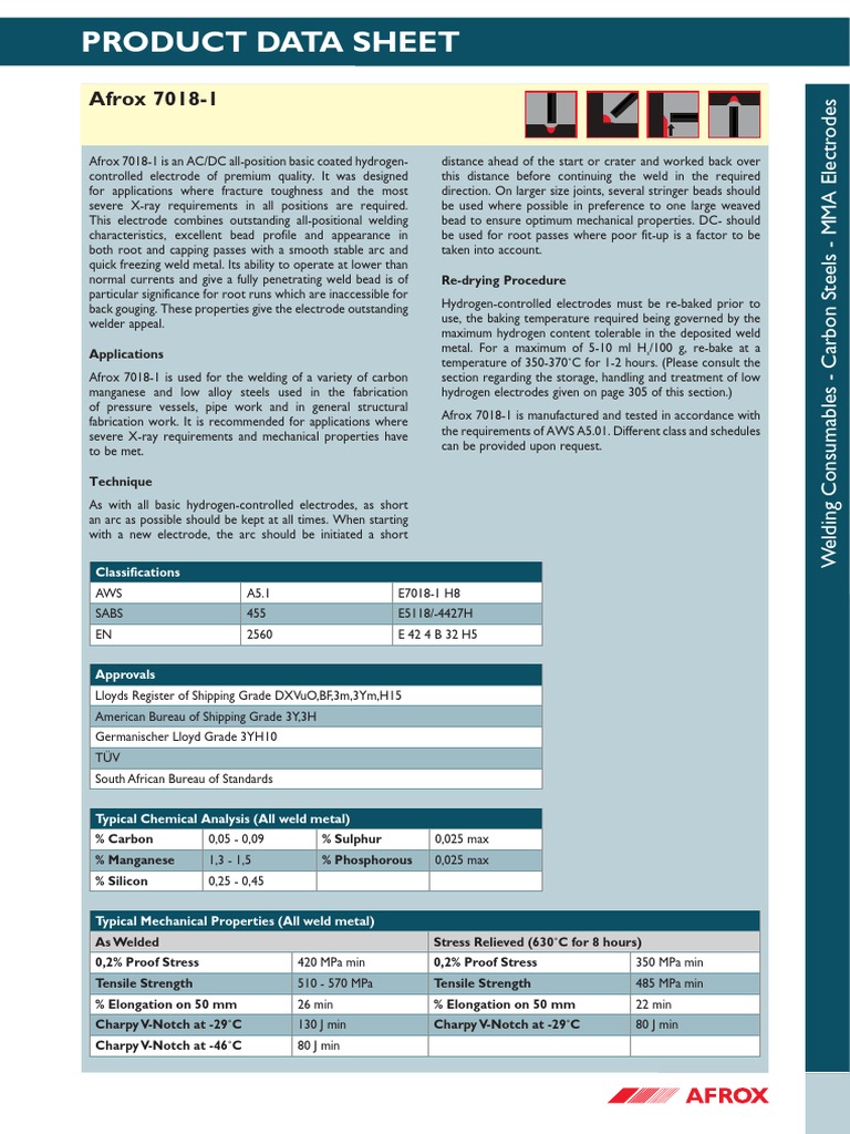 Product Data Sheet: Afrox 7018-1 | PDF | Welding | Construction
