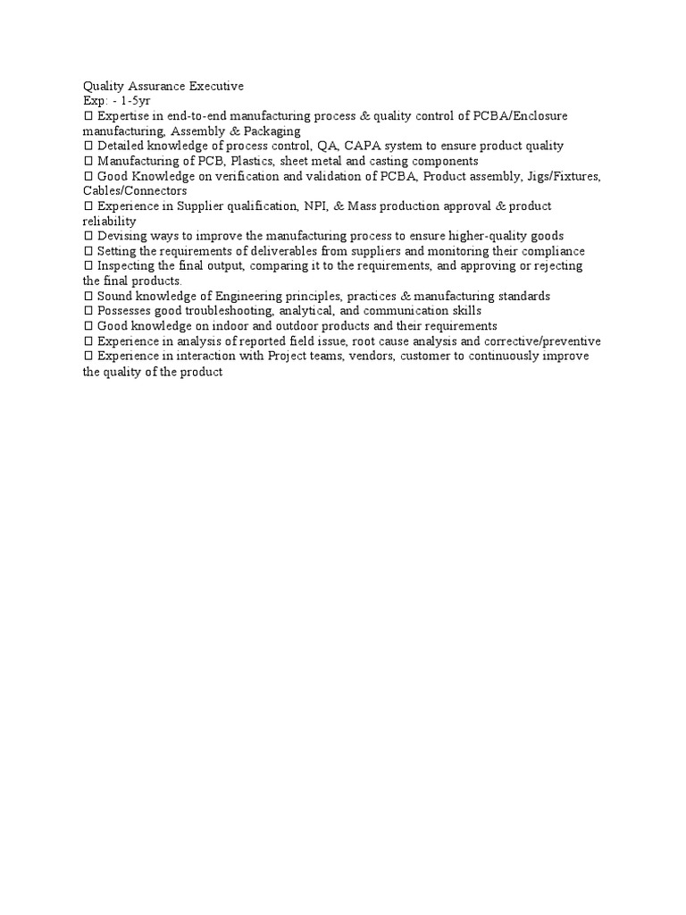 Quality Assurance Executive Role Overview | PDF | Technology & Engineering