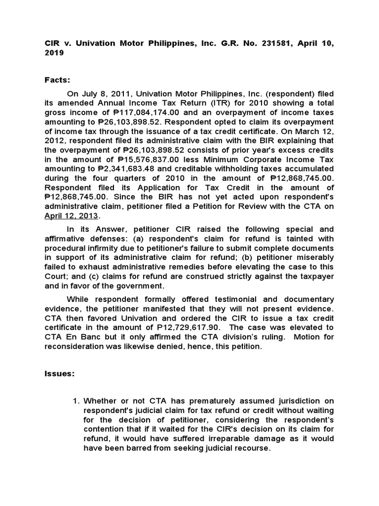 CIR v. Univation Motor Philippines, Inc. G.R. No. 231581, April 10 ...