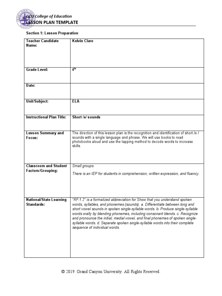 Lesson Plan Template: GCU College of Education | Download Free PDF ...
