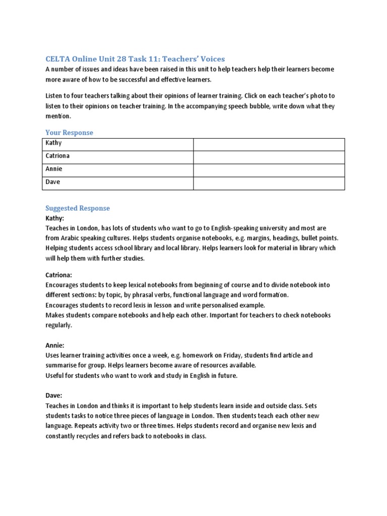 CELTA Online Unit 28 Task 11 - Teachers' Voices | PDF | Language Arts & Discipline