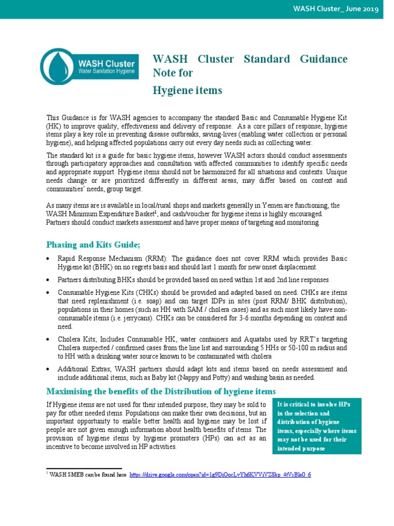 WASH Cluster Standard Guidance Note For Hygiene Items: Phasing and Kits ...