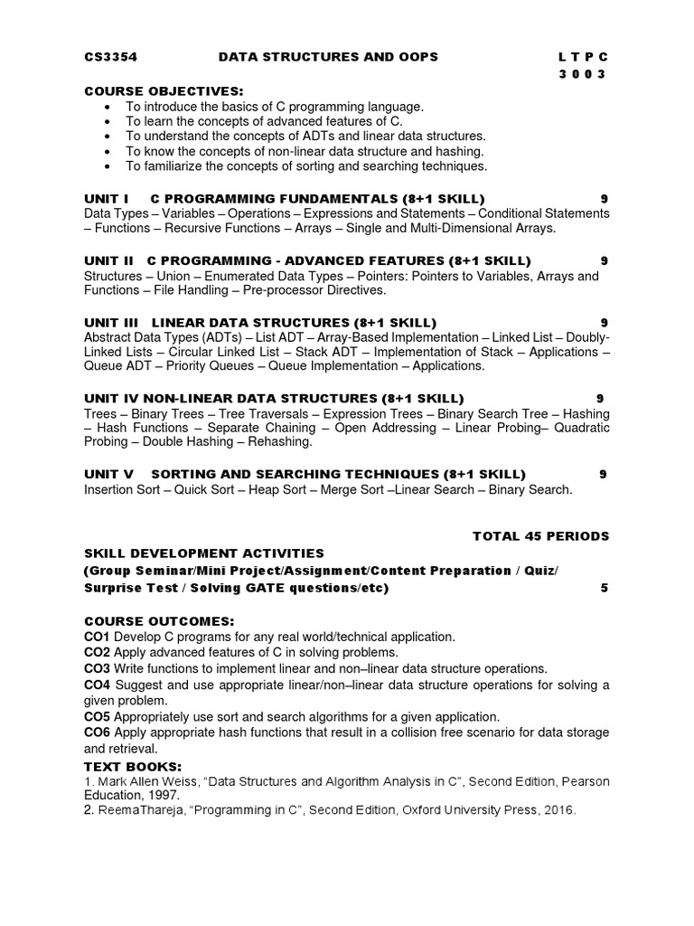 Cs3354 Data Structures And Oops Pdf Array Data Structure Computer Science