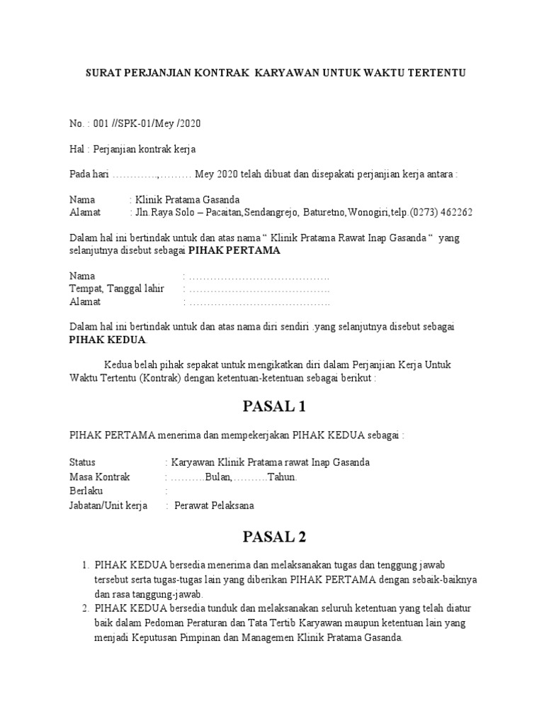 Surat Perjanjian Kontrak Karyawan Untuk Waktu Tertentu | PDF