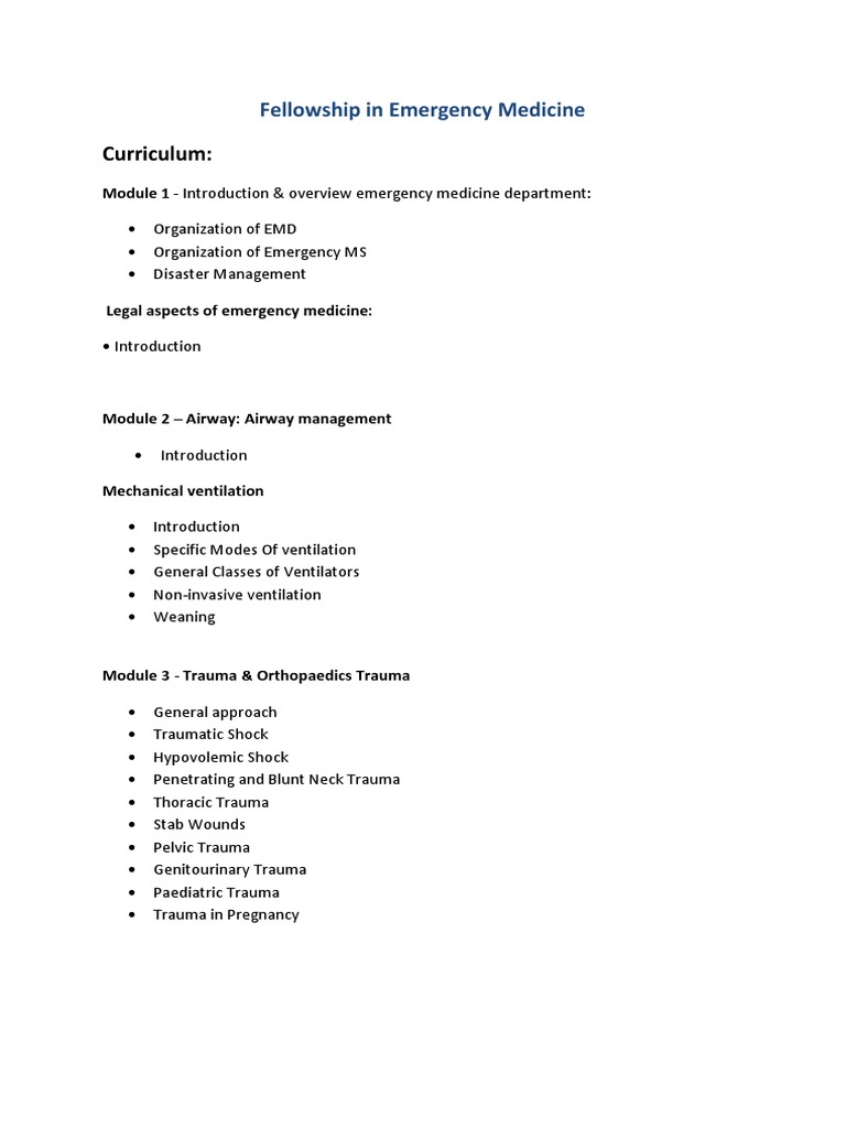Curriculum:: Fellowship in Emergency Medicine | PDF | Poison | Shock ...