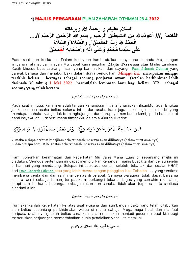 Doa Persaraan Puan Zaharah Othman | PDF