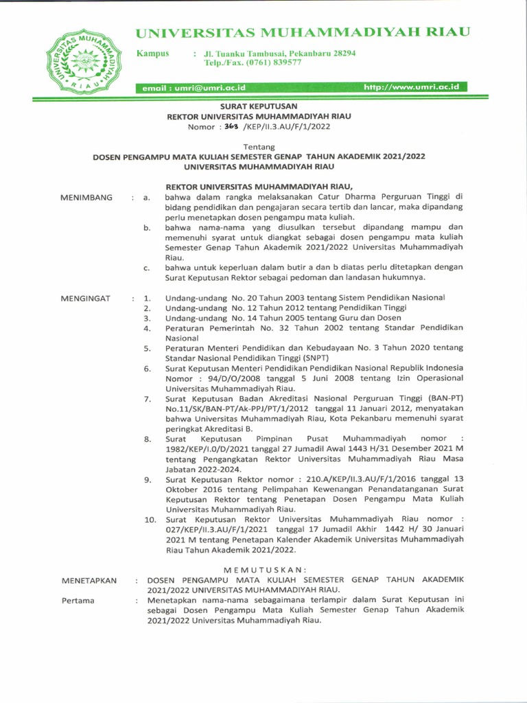 SK Dosen Pengampu Semester Genap TA. 2021-2022 UMRI | PDF