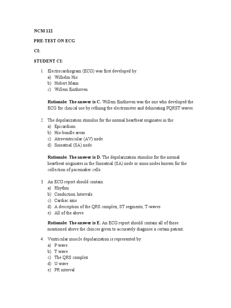 NCM 112 Pre Test On Ecg | PDF | Electrocardiography | Cardiovascular ...
