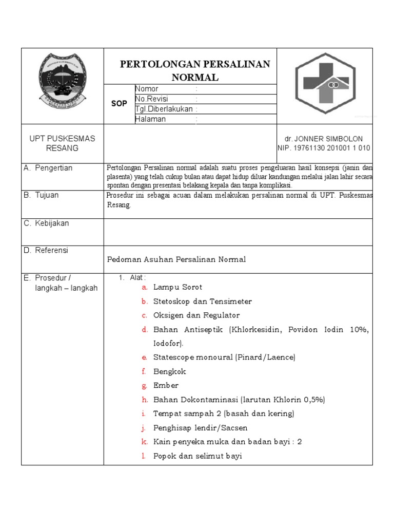 Sop Pertolongan Persalinan Normal | PDF