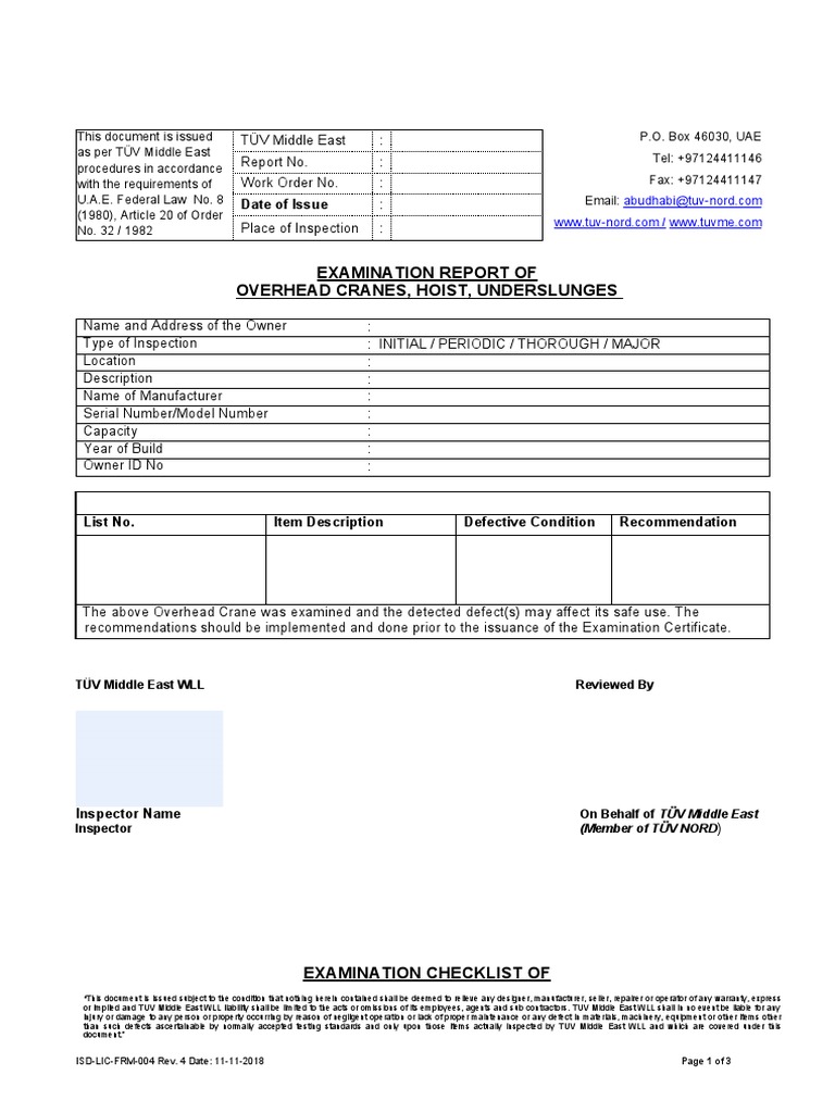 Overhead Crane Inspection Report | PDF | Legal Liability | Crane (Machine)