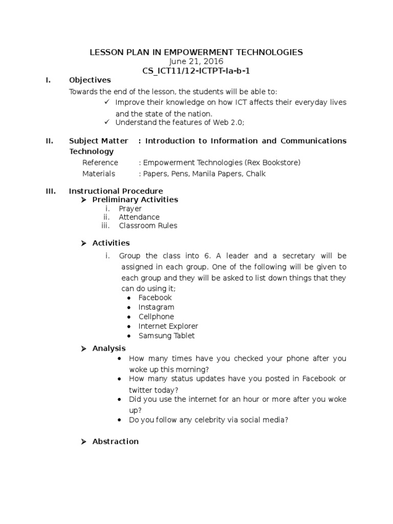 Empowerment Technologies Lesson Plan | PDF | Educational Technology ...