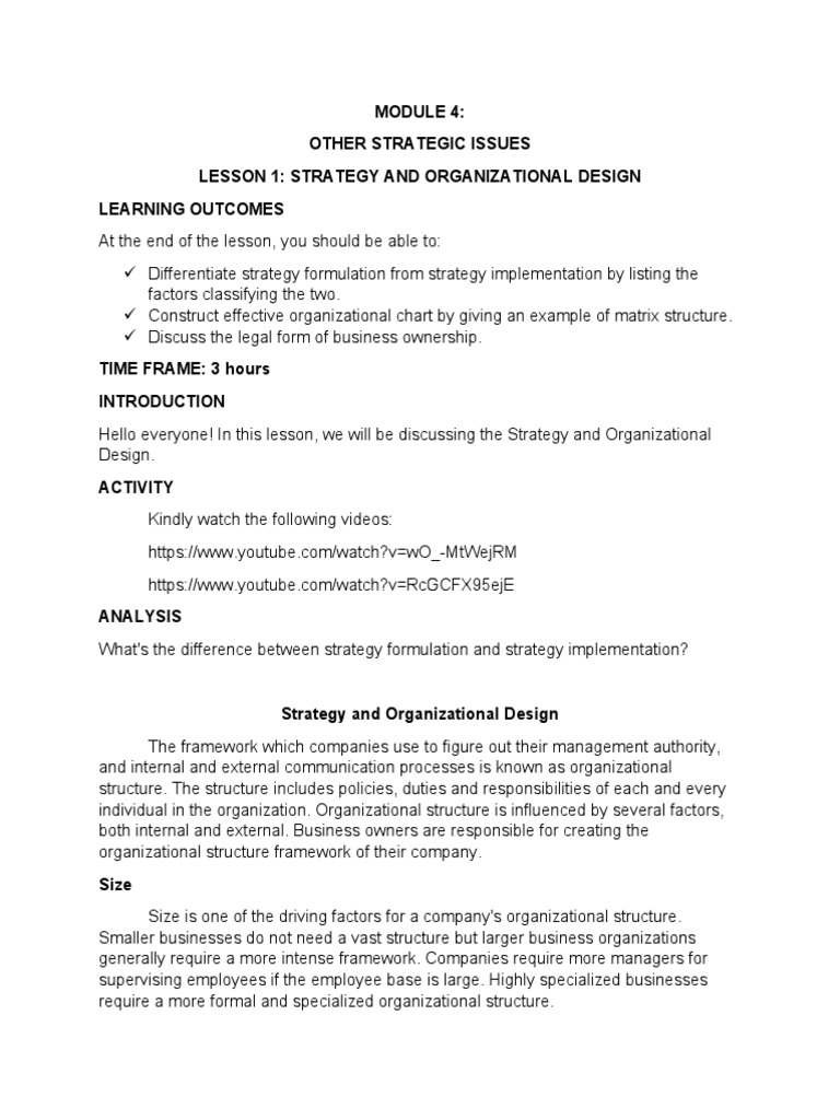Other Strategic Issues Lesson 1: Strategy and Organizational Design ...