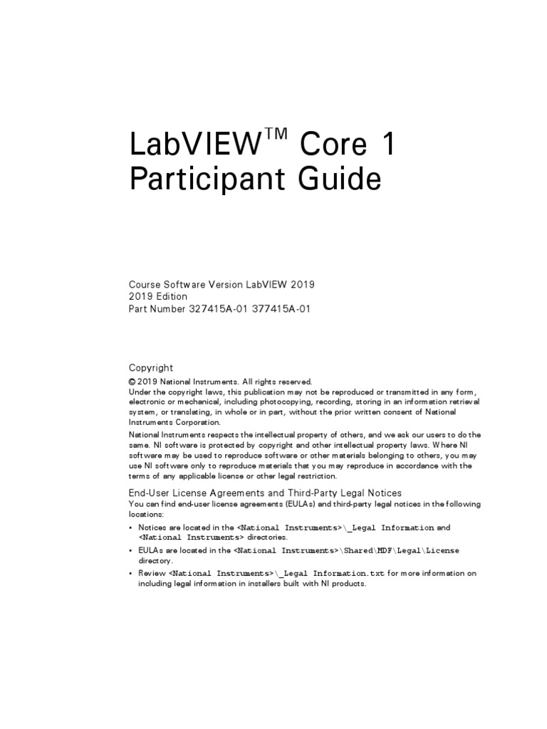 Labview Core 1 Participant Guide Course Software Version Labview 2019 2019 Edition Part Number 9098