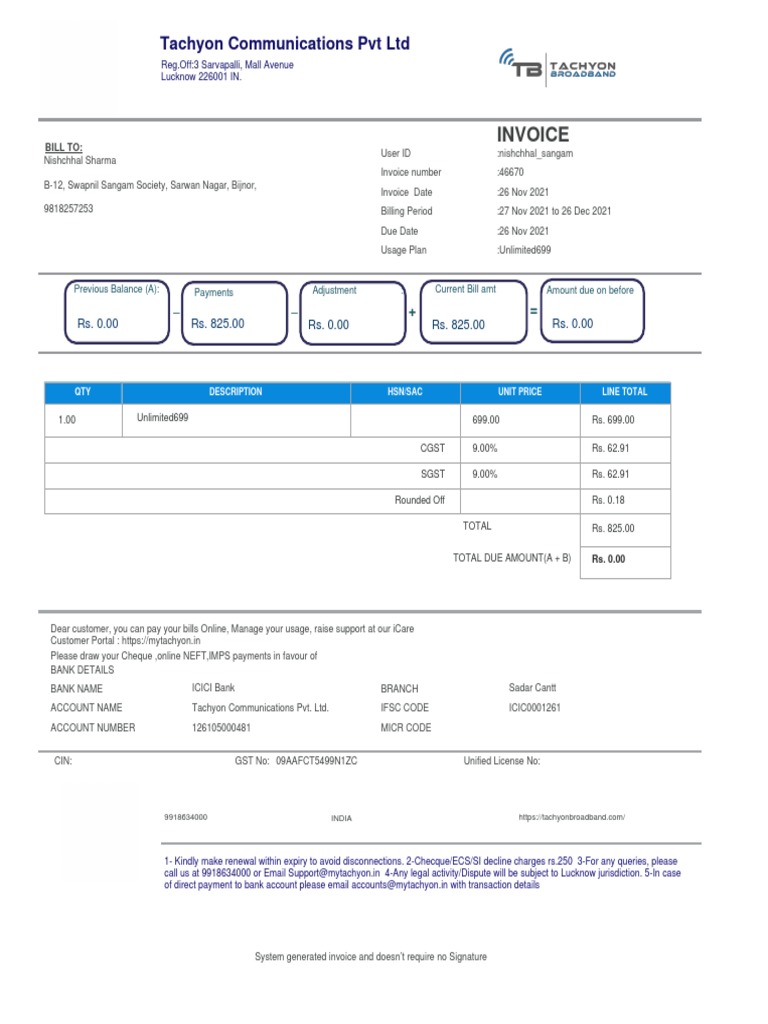 Tachyon Communications PVT LTD: Invoice | PDF | Payments | Banking