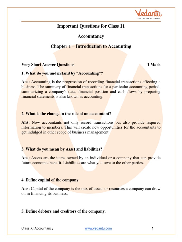 Class 11 Accountancy: Chapter 1 Q&A | PDF | Expense | Financial Accounting