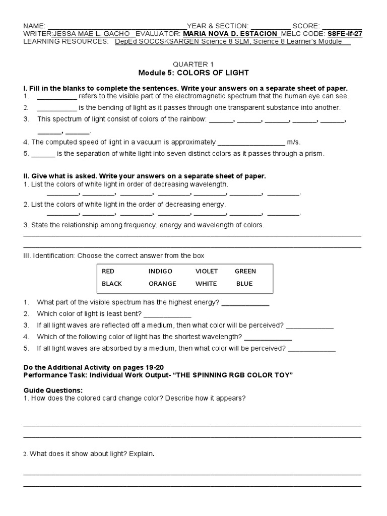 SCIENCE 8 Q1 Module 5 Colors of Light | Download Free PDF | Color | Light