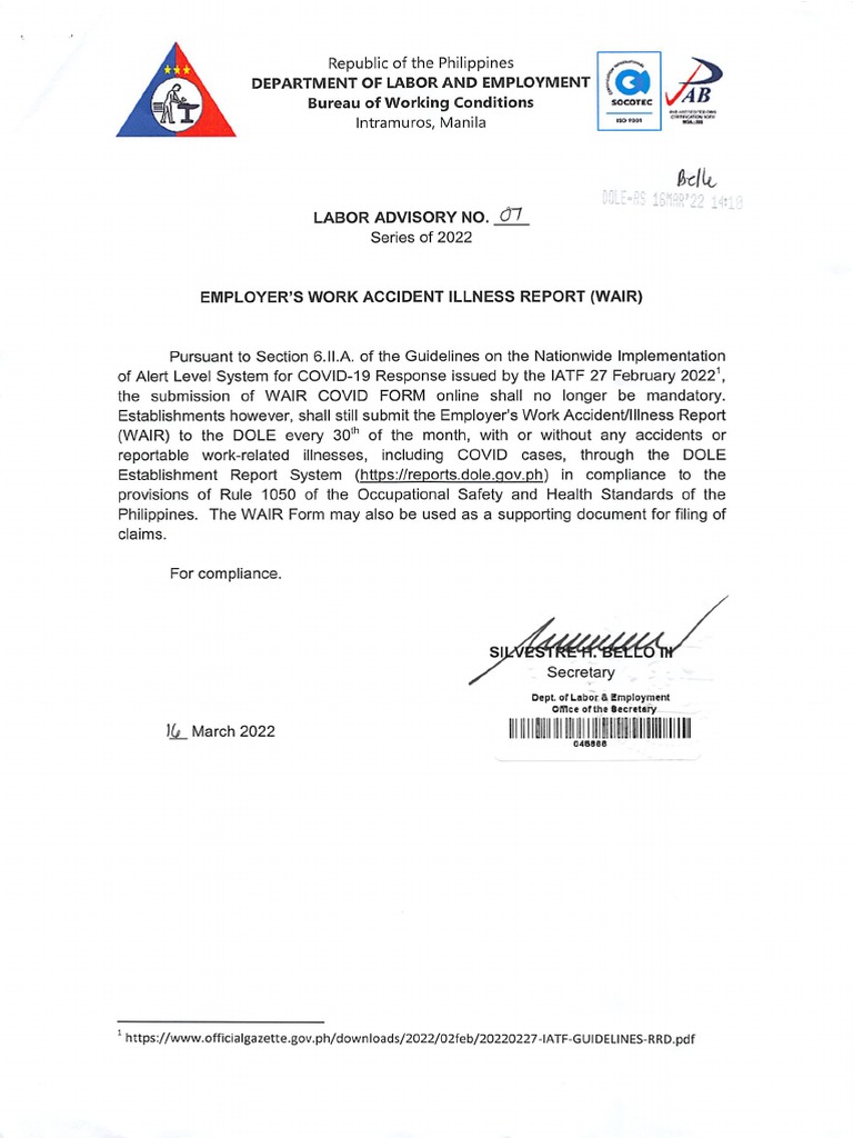 Labor Advisory No. 07 22 Employers Work Accident Illness Report WAIR | PDF