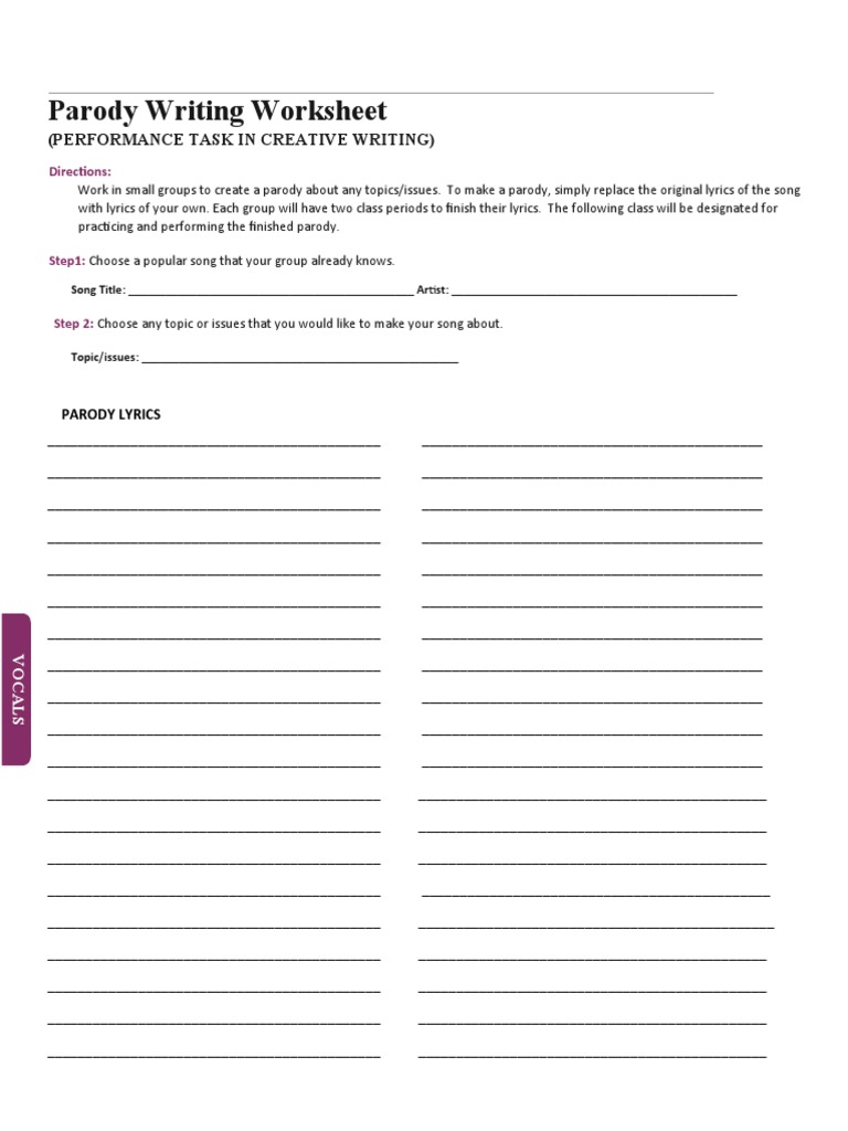Parody Writing Worksheet: (Performance Task in Creative Writing) | PDF ...