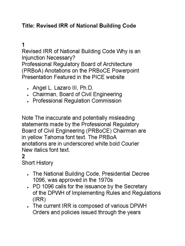 Title: Revised IRR of National Building Code 1 | PDF | Architect | Specification (Technical ...
