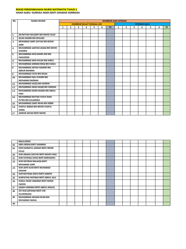 REKOD PERKEMBANGAN MURID MATEMATIK TAHUN 1 | PDF