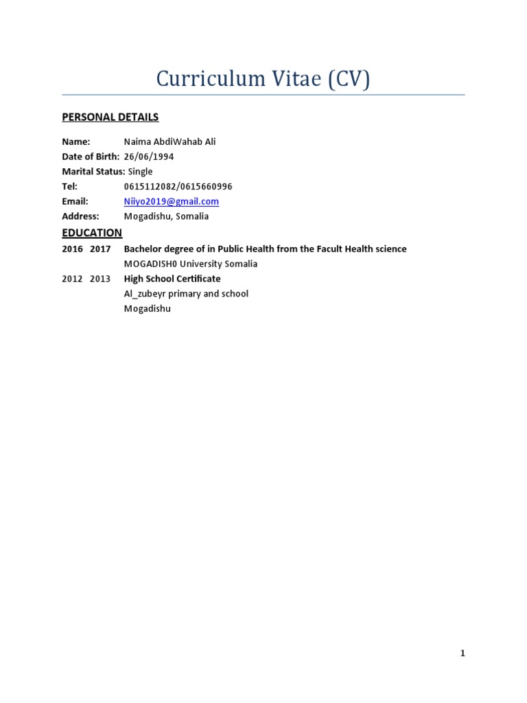 Curriculum Vitae (CV) : Personal Details | PDF | Somalia | Mogadishu