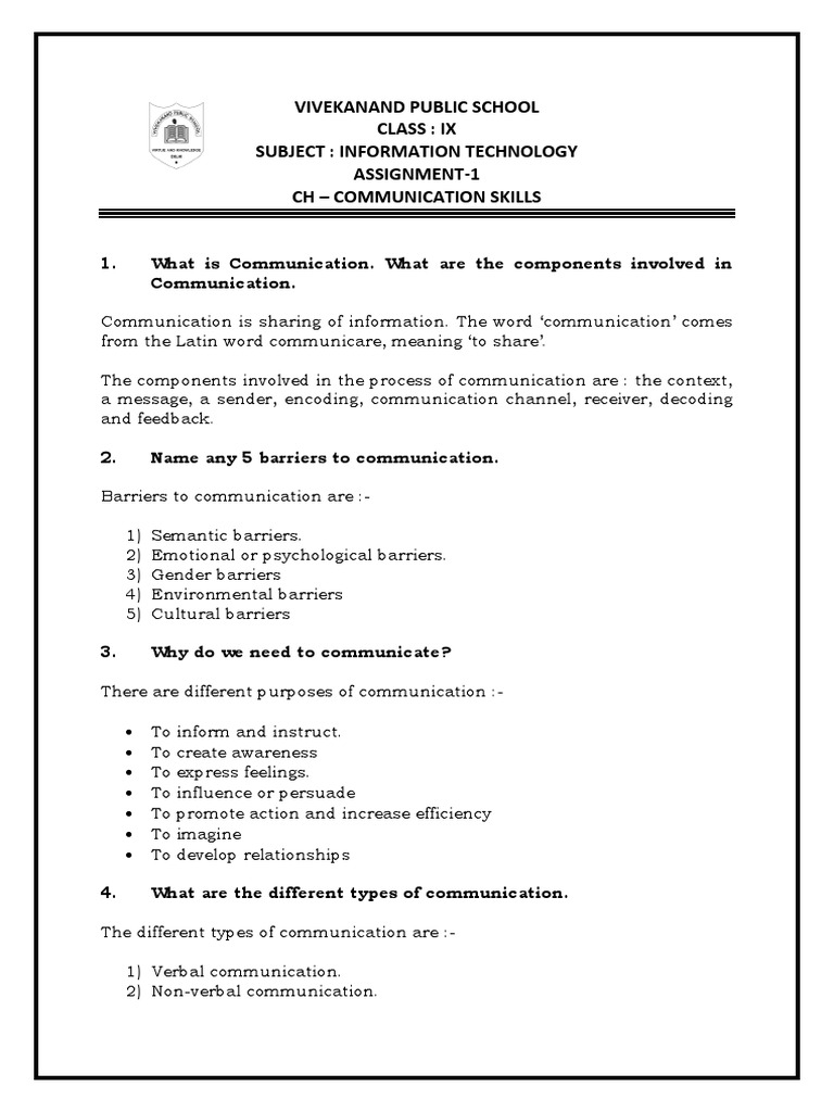 (Template) Assignment 1 Communication Skills Class IX (2020-21) | PDF ...